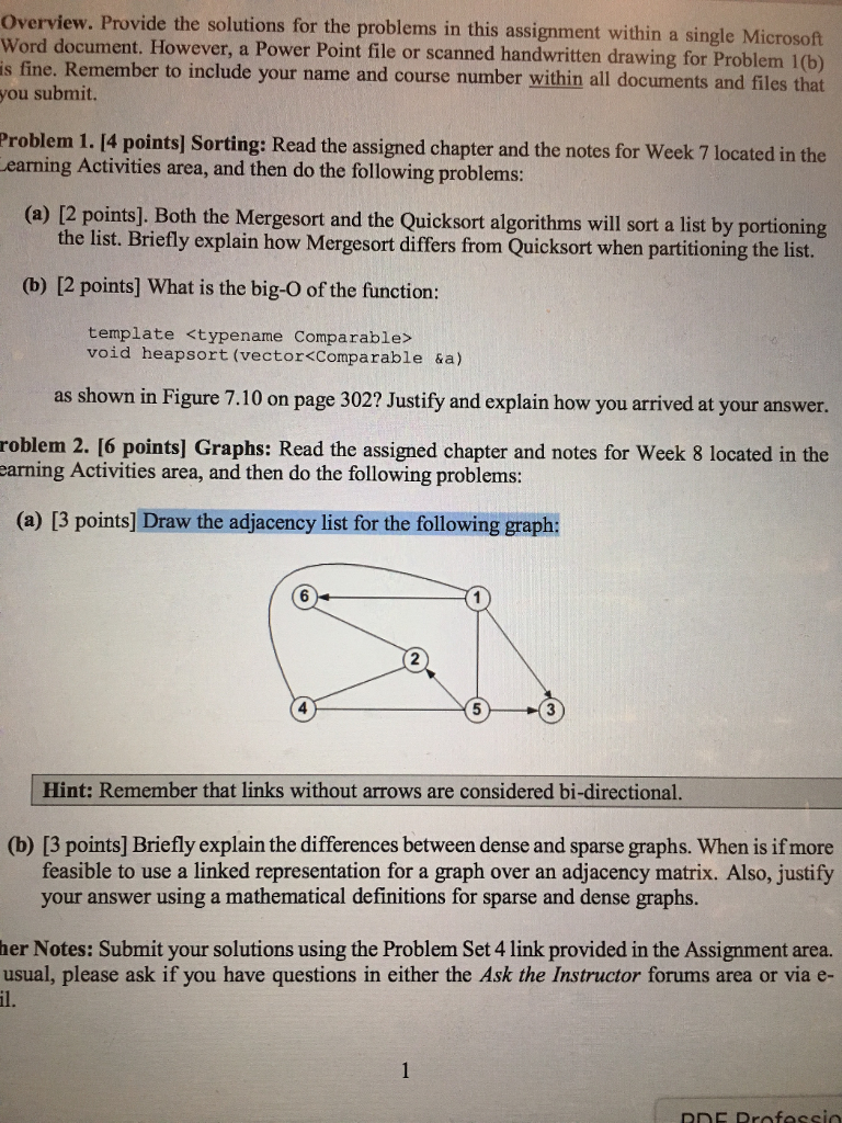 Solved 1draw The Adjacency List For The Following Graph 