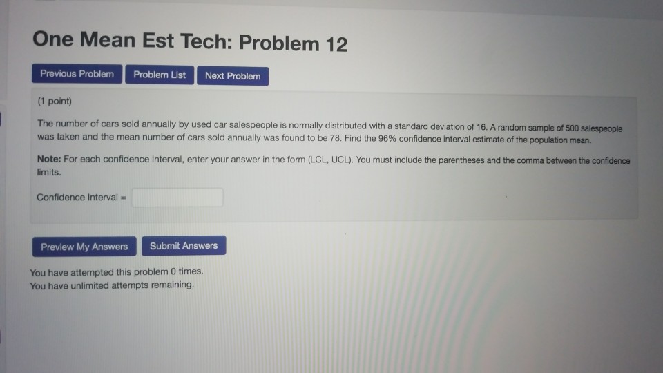 Solved One Mean Est Tech: Problem 12 Previous Problem | Chegg.com