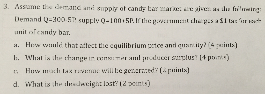 Solved Assume the demand and supply of candy bar market are | Chegg.com
