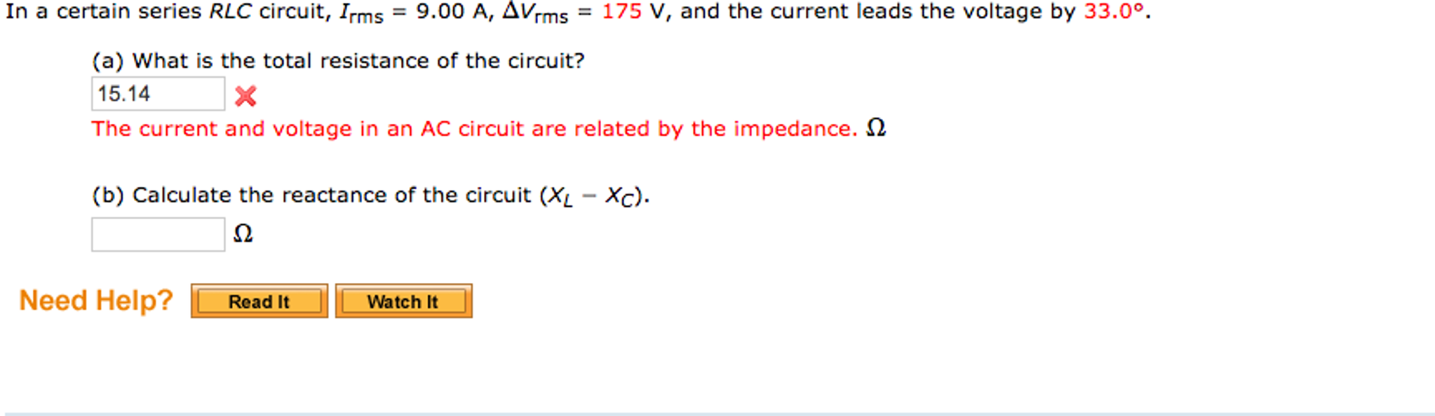 Solved In a certain series RLC circuit, I_rms = 9.00 A, | Chegg.com