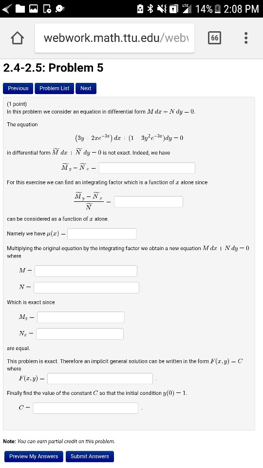 Solved ギ汇 | 멜 14% A 2:08 PM webwork.math,ttu.edu/web66 | Chegg.com