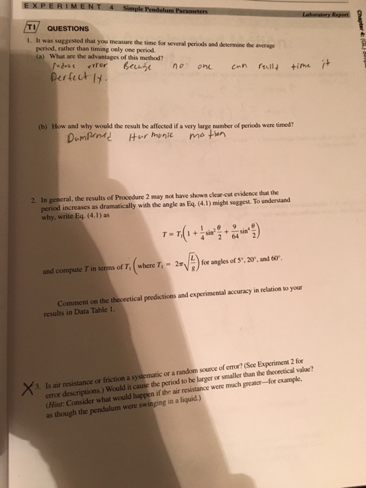 Solved Experiment4 Simple Pendulum Parameters Angle Mass 