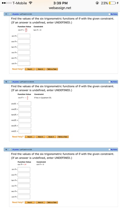 Solved Find the values of the six trigonometric functions of | Chegg.com