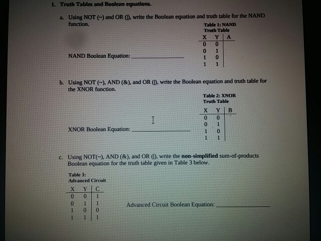 Solved 1· Truth Tables And Boolean Equations Using Not 4496