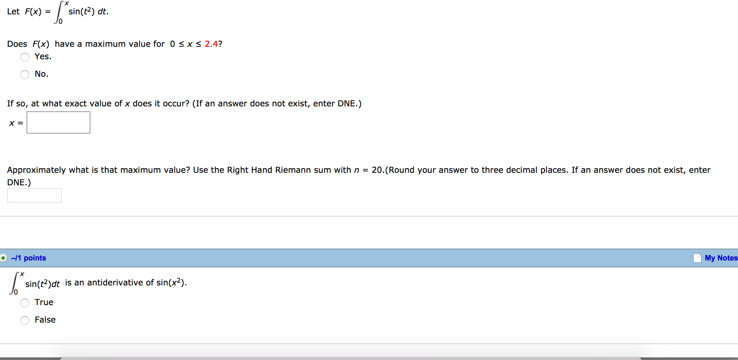 Solved Let F(x) = integral_0^x sin(t^2) dt. Does F(x) have a | Chegg.com