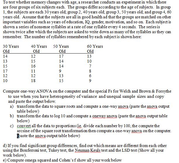 Solved To test whether memory changes with age, a researcher | Chegg.com