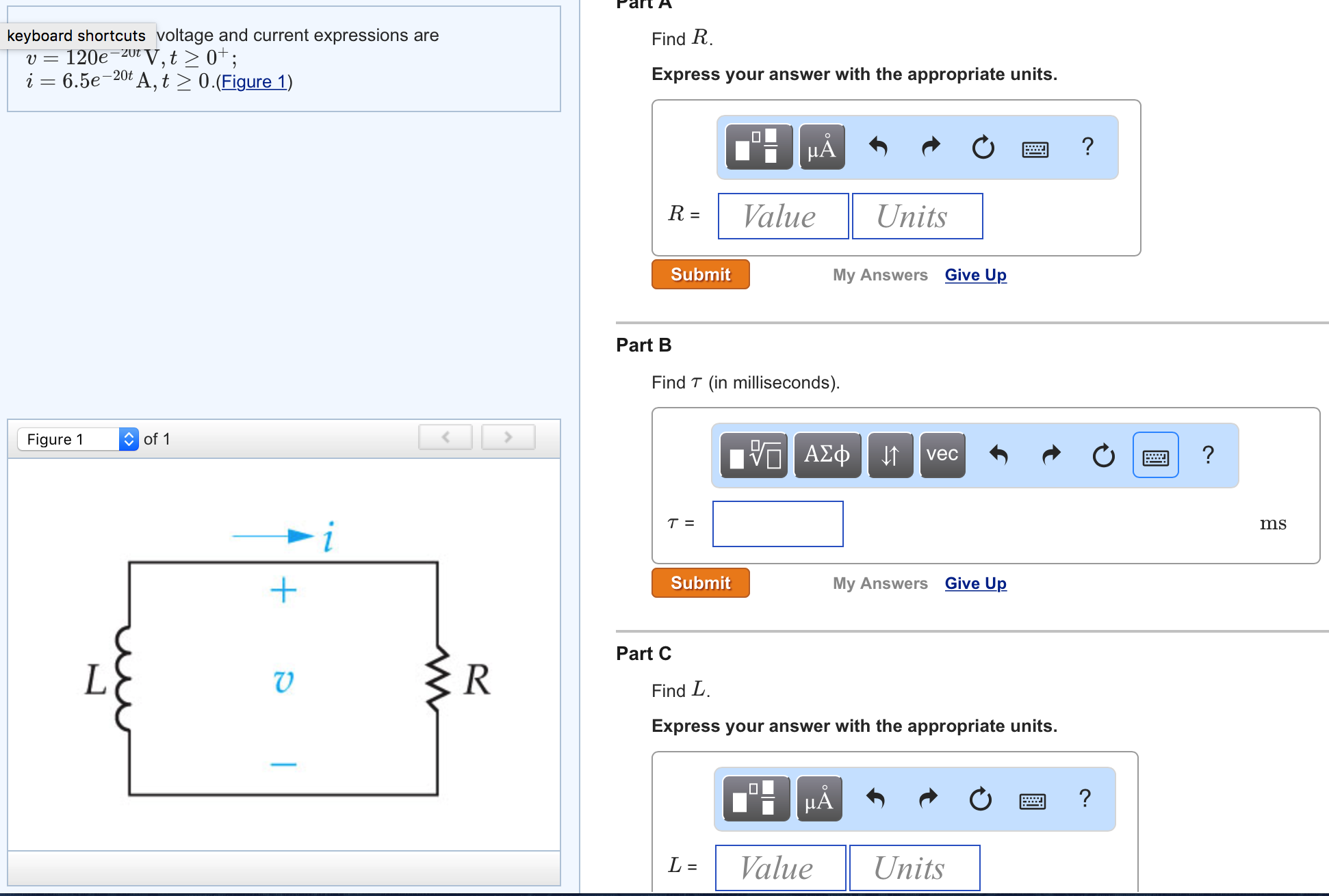 Solved voltage and current expressions are v = 120e^-20t | Chegg.com
