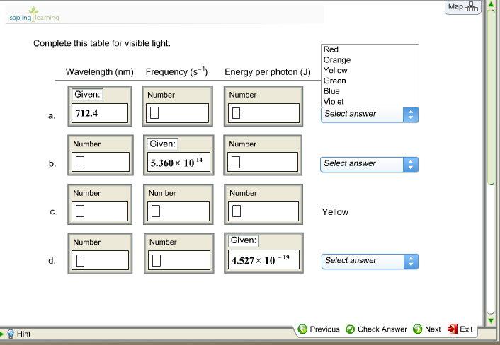 Solved Map A pling Complete this table for visible light. | Chegg.com