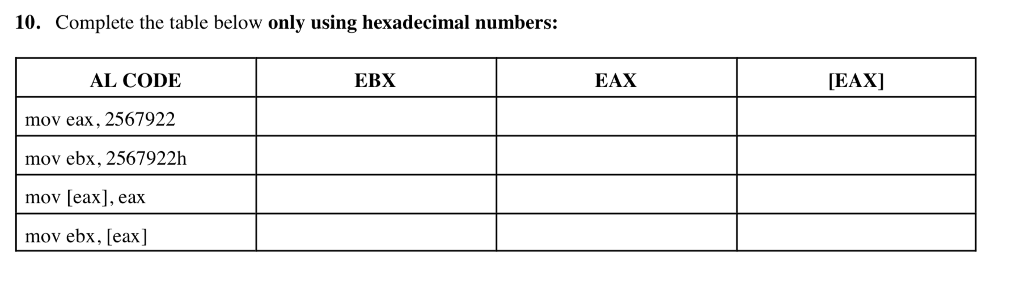 Solved 10. Complete the table below only using hexadecimal | Chegg.com