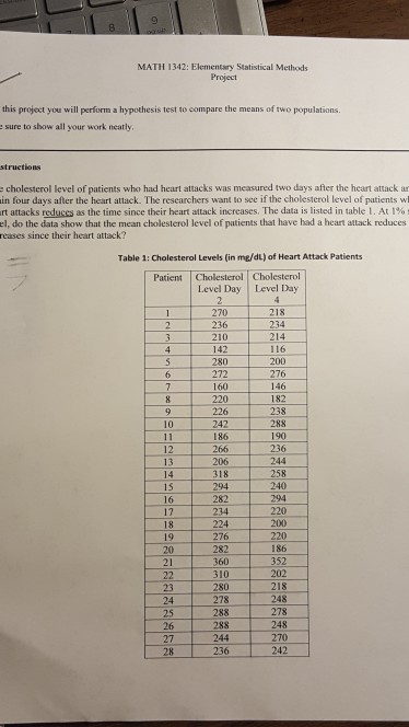 Solved MATH 1342: Elementsry Statistical Methods Project | Chegg.com