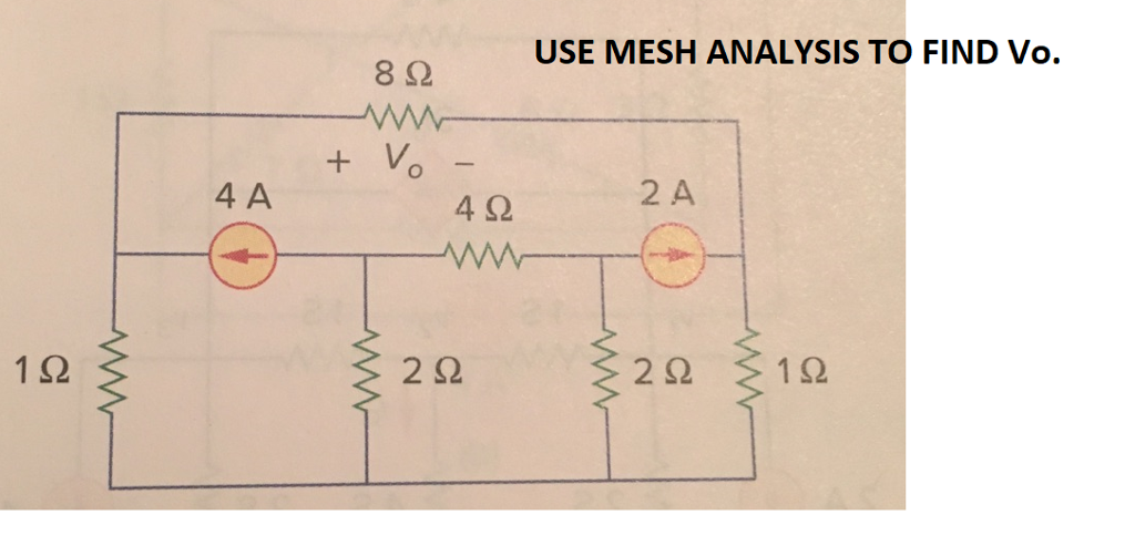 Solved USE MESH ANALYSIS TO FIND Vo. 8Ω 2 A 4 A 4Ω 1Ω 2Ω | Chegg.com