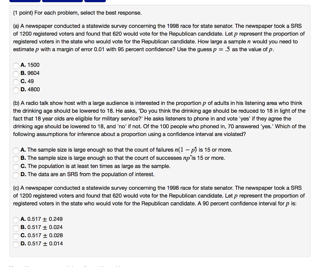 Solved (1 point) For each problem, select the best response | Chegg.com