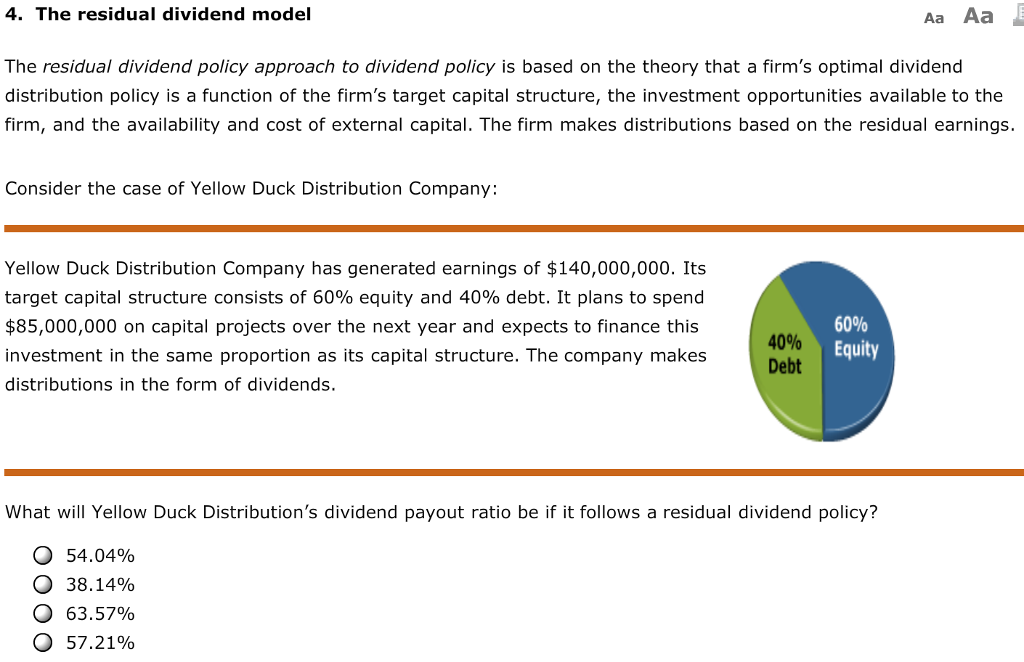 Solved 4. The residual dividend model Aa Aa The residual | Chegg.com Solved 4. The residual dividend model Aa Aa The residual | Chegg.com