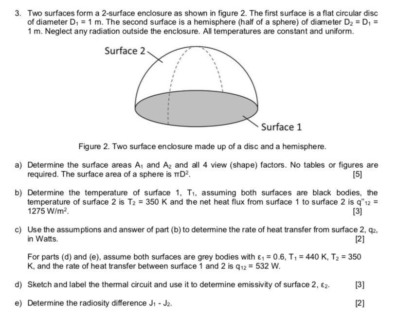 Solved 3. Two surfaces form a 2-surface enclosure as shown | Chegg.com
