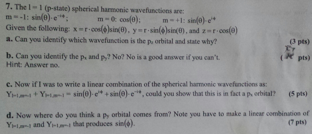 Solved 7. The1-1 (p-state) spherical harmonic wavefunctions | Chegg.com