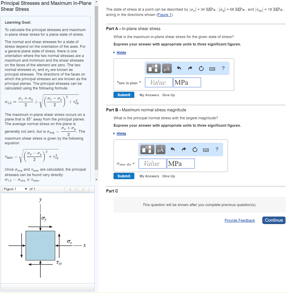 Solved Principal Stresses And Maximum In Plane Shear Stress