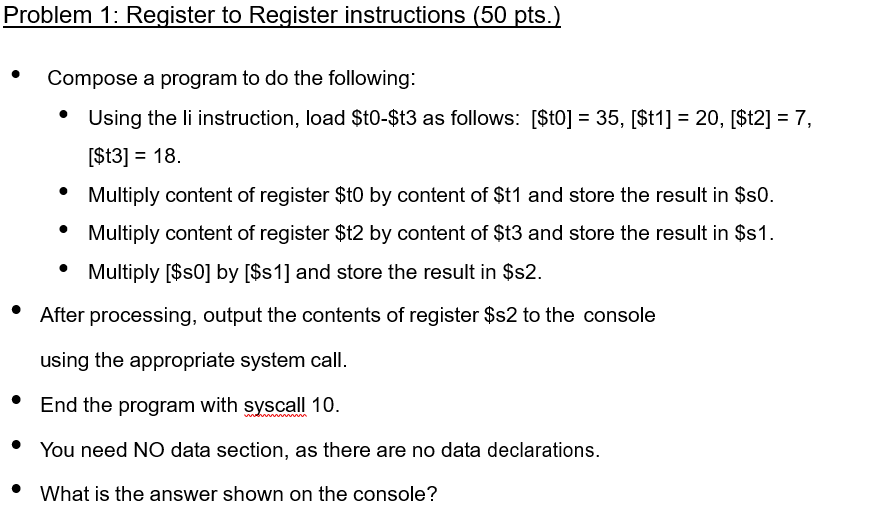 Solved Problem 1: Register to Register instructions (50 | Chegg.com