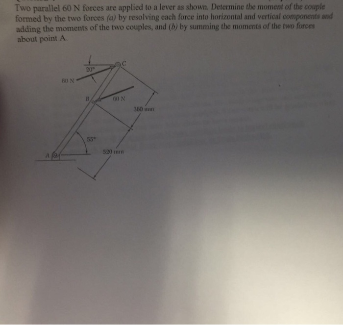 Solved Two parallel 60 N forces are applied to a lever us | Chegg.com