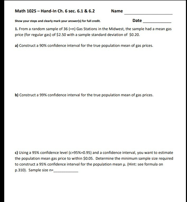 Solved Math 1025 Hand-In Ch. 6 sec. 6.1 & 6.2 Show your | Chegg.com