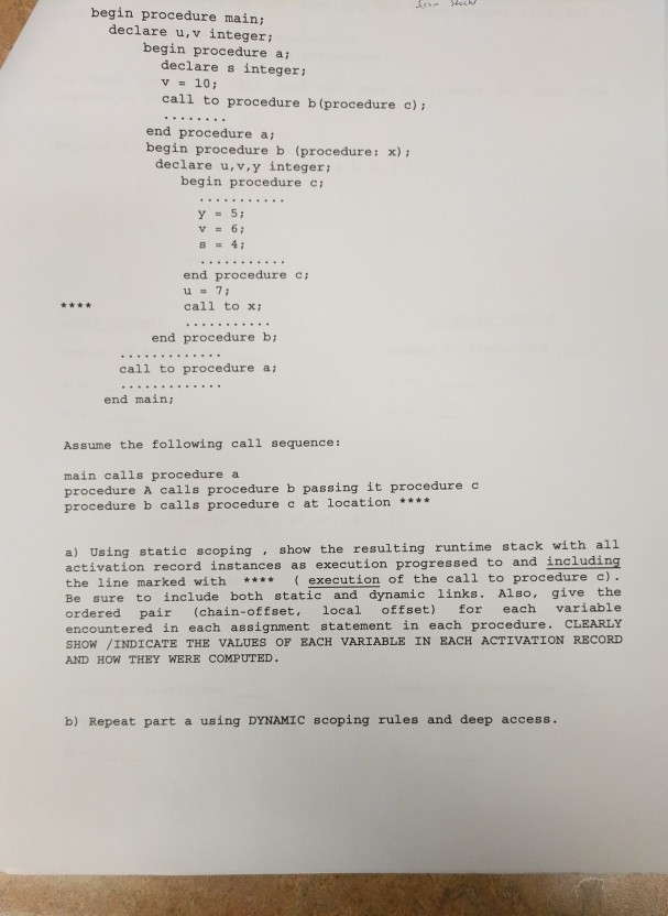 Solved begin procedure main; declare u,v integer begin | Chegg.com