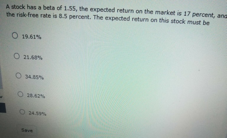 Solved A stock has a beta of 1.55, the expected return on | Chegg.com