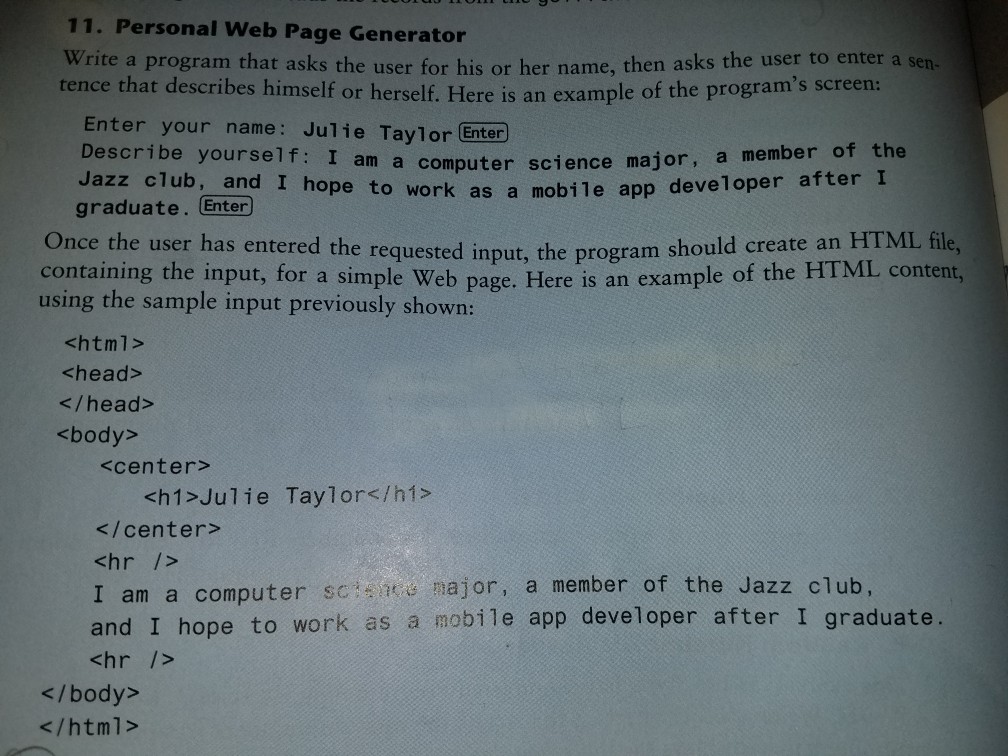 Solved 11. Personal Web Page Generator t asks the user for | Chegg.com