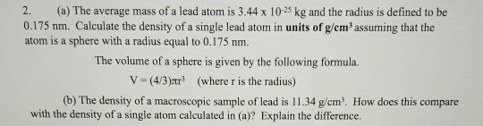 Solved 2. (a) The average mass of a lead atom is 3.44 x | Chegg.com