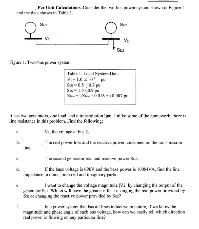 Solved Per Unit Calculations. Consider the two-bus power | Chegg.com