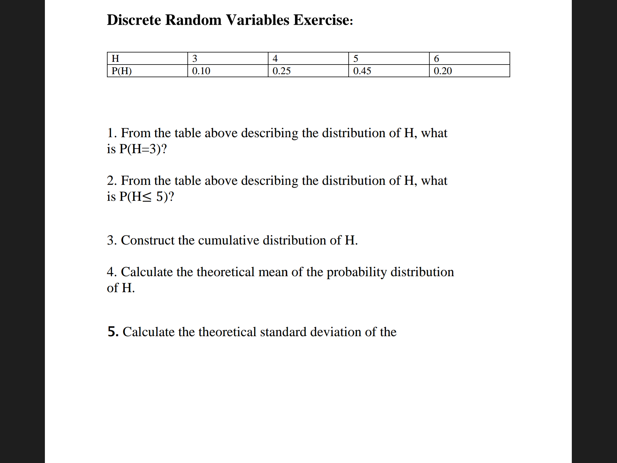 Solved Discrete Random Variables Exercise: From the table | Chegg.com
