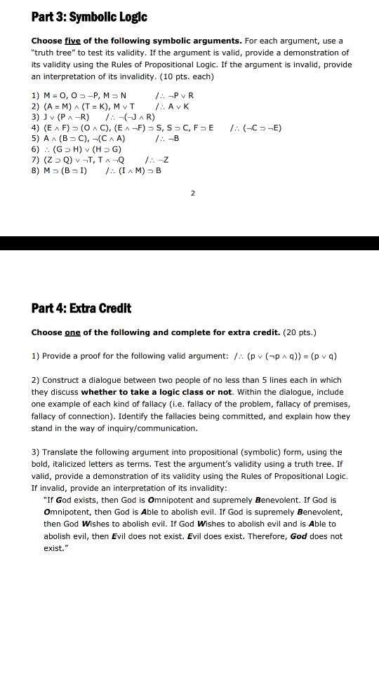 Part 3: Symbolilc Logic Choose five of the following | Chegg.com