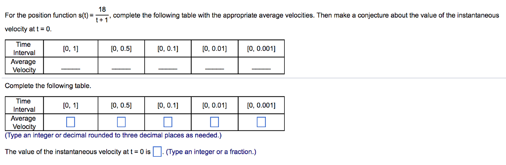 Solved For the position function s(t) = 18/t+1, complete | Chegg.com