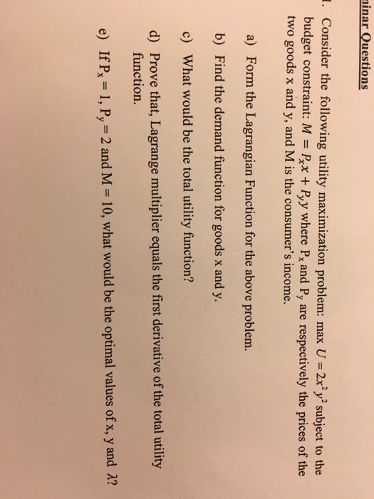Solved Consider The Following Utility Maximization Problem