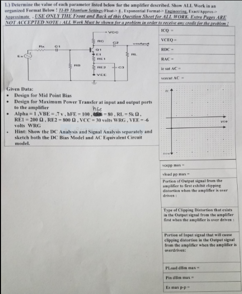 Solved Determine the value of each parameter listed below | Chegg.com