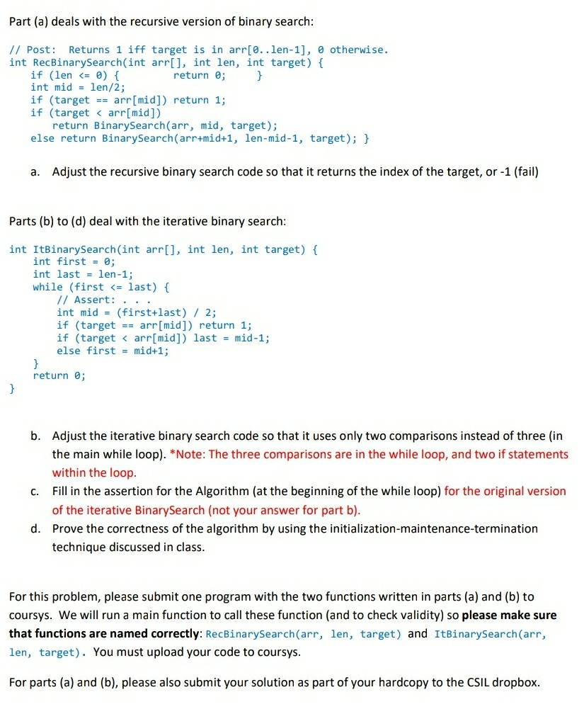 Solved Part (a) deals with the recursive version of binary | Chegg.com