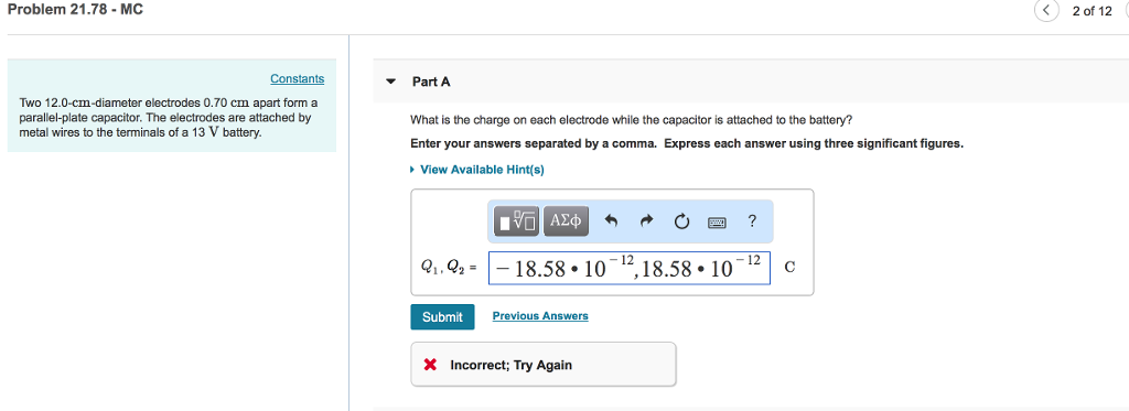 Solved Problem 21.78-MC 2 of 12 Constants Part A Two | Chegg.com