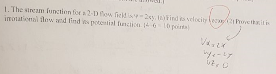 Solved 1 . The stream function for a 2-D flow field is Ψ | Chegg.com