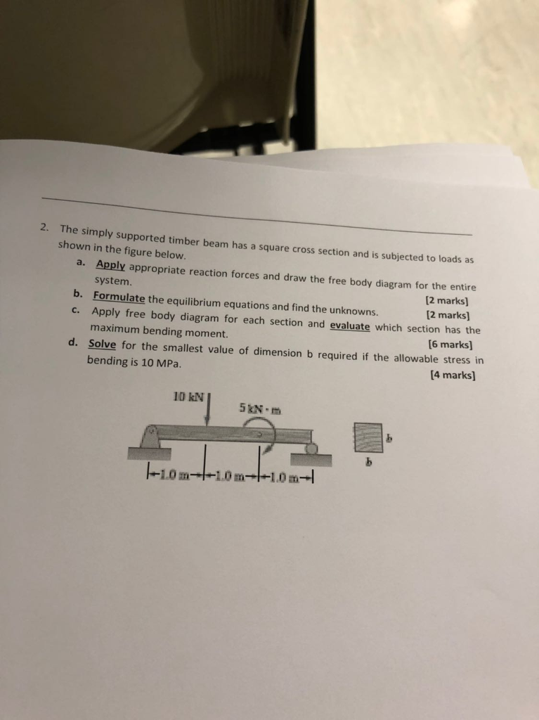 Solved 2. The simply supported timber beam has a square | Chegg.com