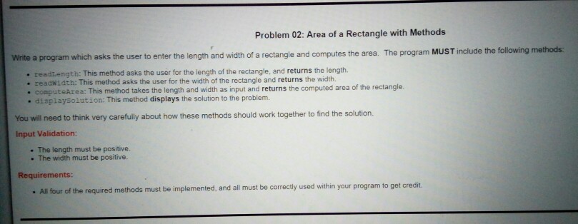 Solved Problem 02: Area of a Rectangle with Methods include | Chegg.com
