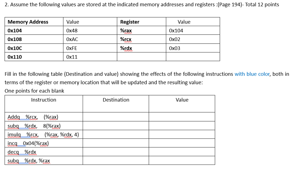 2 Assume The Following Values Are Stored At The