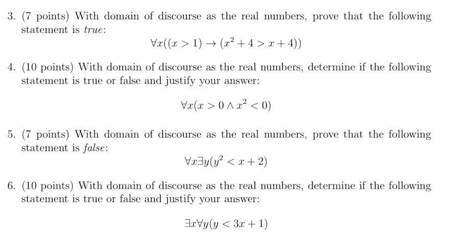 Solved 3. (7 points) With domain of discourse as the real | Chegg.com