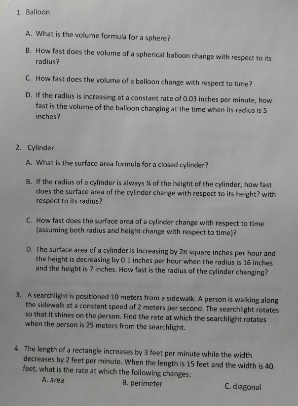Solved 1. Balloon A. What is the volume formula for a | Chegg.com