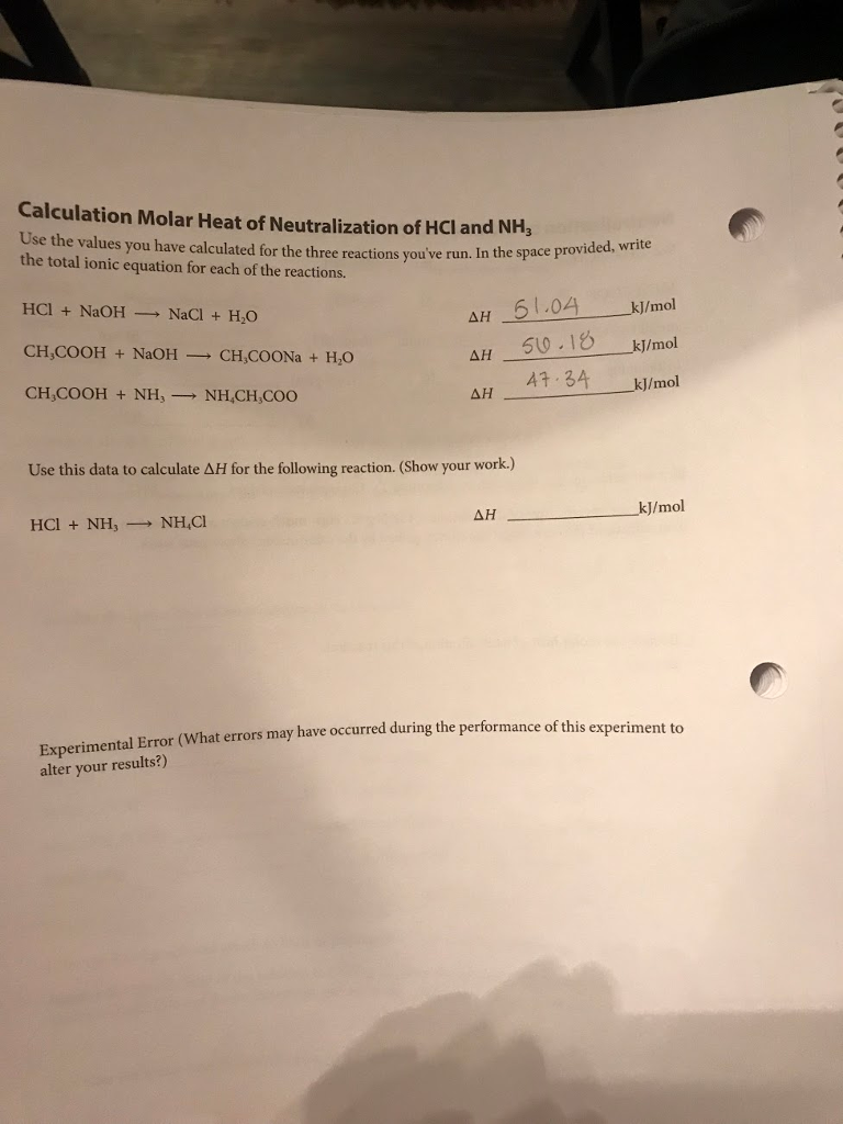 Solved Calculation Molar Heat of Neutralization of HCI and | Chegg.com