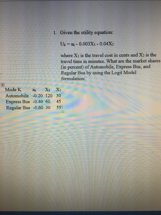 Solved Given the utility equation: U_k = _ak - 0.003X_1 - | Chegg.com