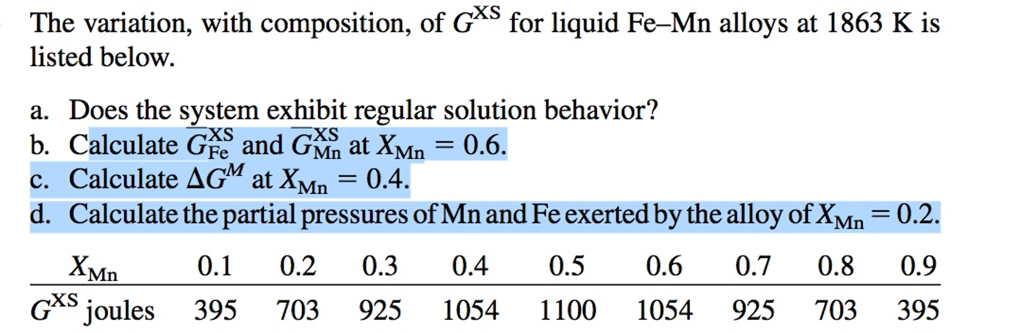 Solved The variation, with composition, of G^XS for liquid | Chegg.com