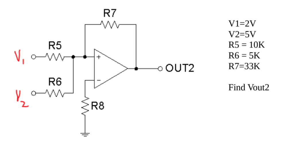 Solved R7 V1-2V V2-5V R5 10K R5 o OUT2 R7 33K R6 Find Vout2 | Chegg.com
