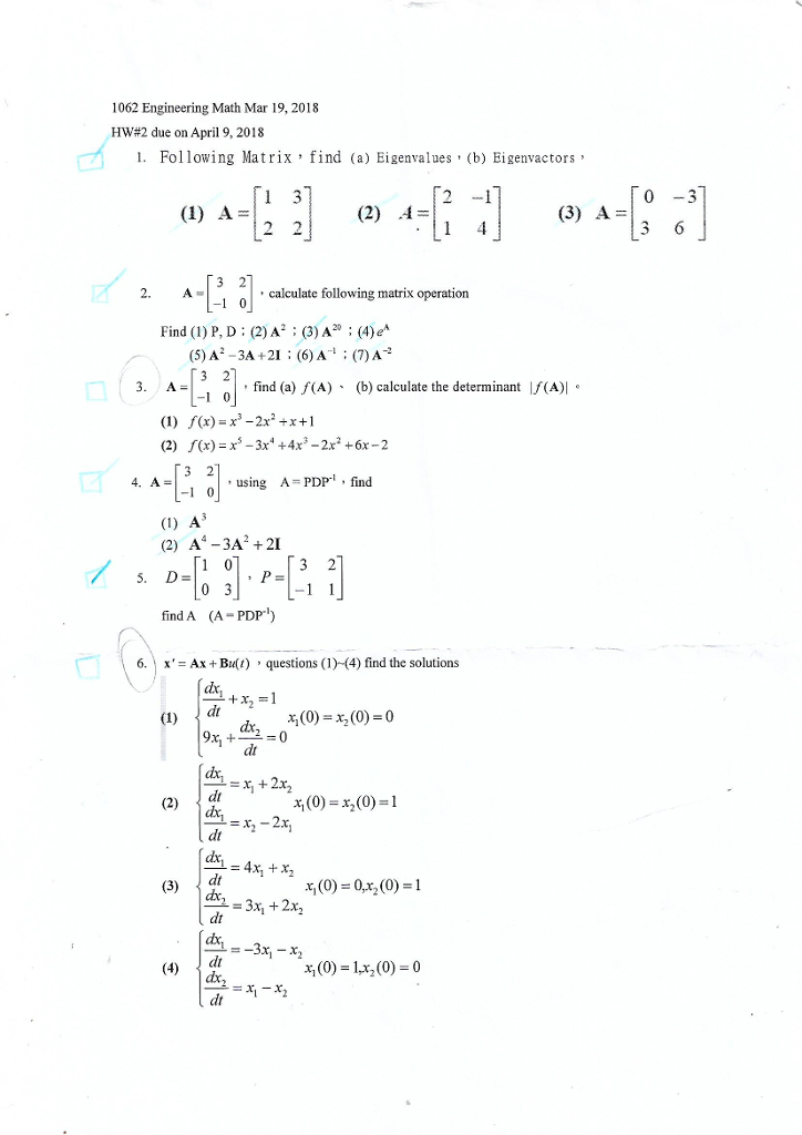 Solved 1062 Engineering Math Mar 19, 2018 HW#2 due on April | Chegg.com