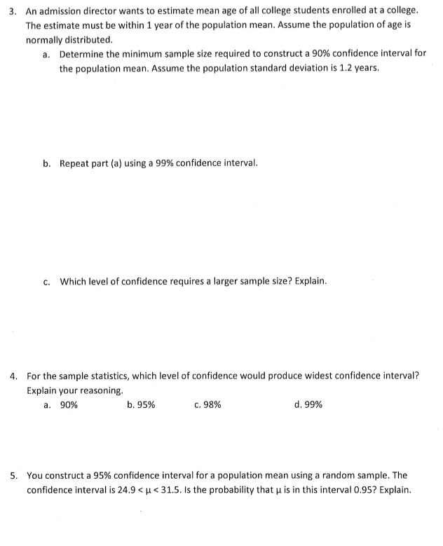 Solved Confidence Interval For The Mean σ Known Chegg