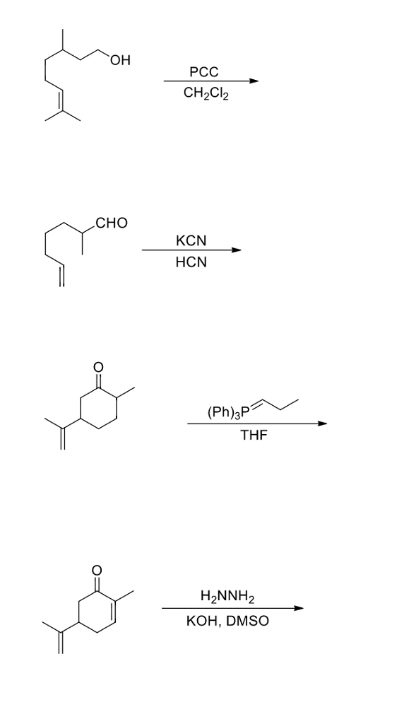 Solved OH CHO PCC CH2C12 KCN HCN (Ph) P THF HoNNH KOH, DMSO | Chegg.com