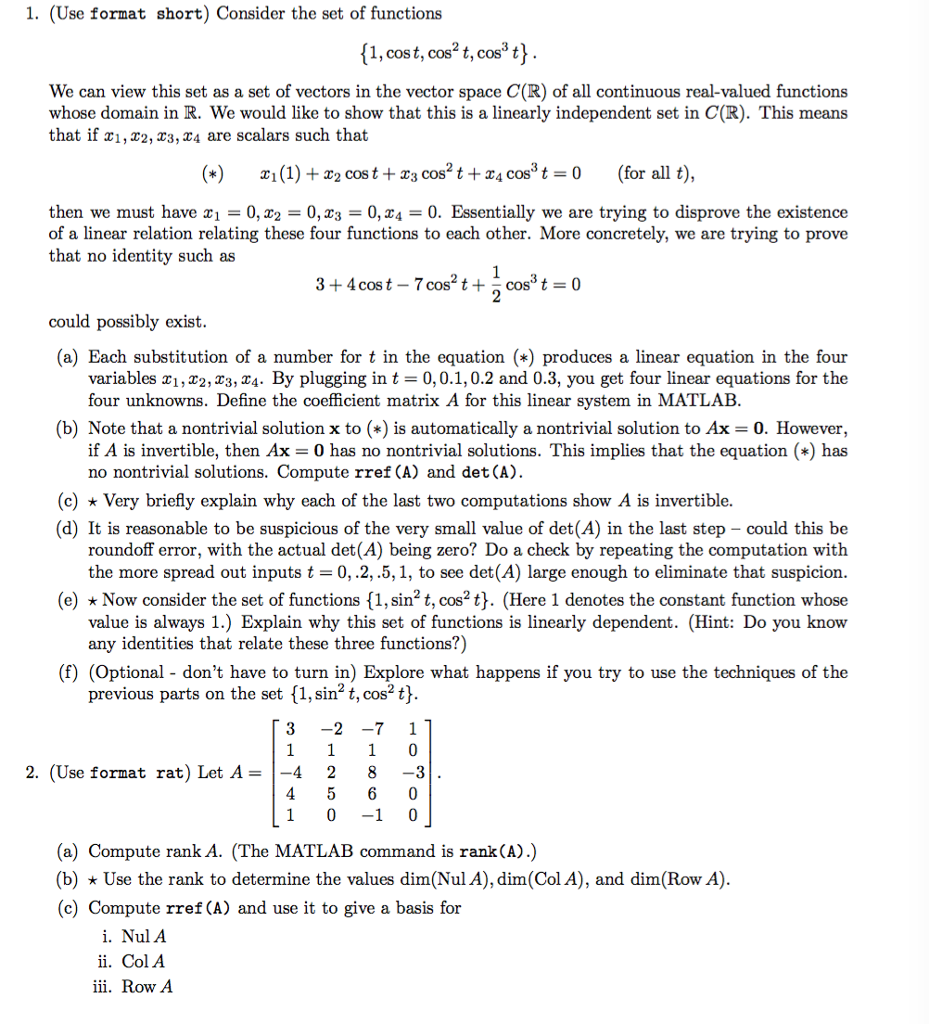 1. (Use format short) Consider the set of functions | Chegg.com