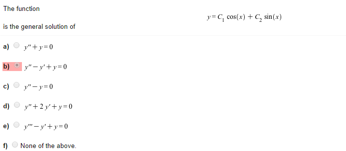 Solved The function y = c1 cos(x) + c2 sin(x) is the | Chegg.com